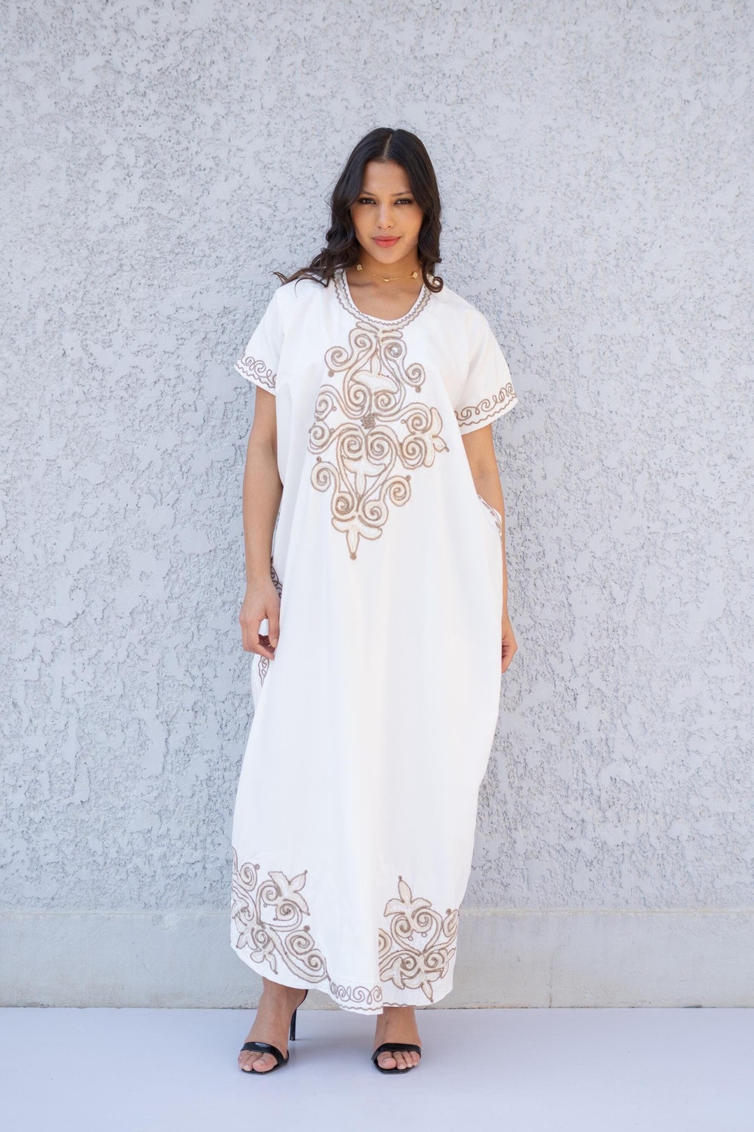 Chic off White Hand Embroidered Caftan, Women's Caftan, Cotton Kaftan ...