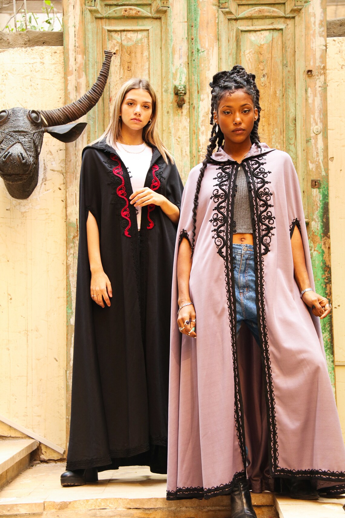 Black Moroccan Hand Embroidered Hooded Wool Cape, Bohemian Hooded Cloak ...