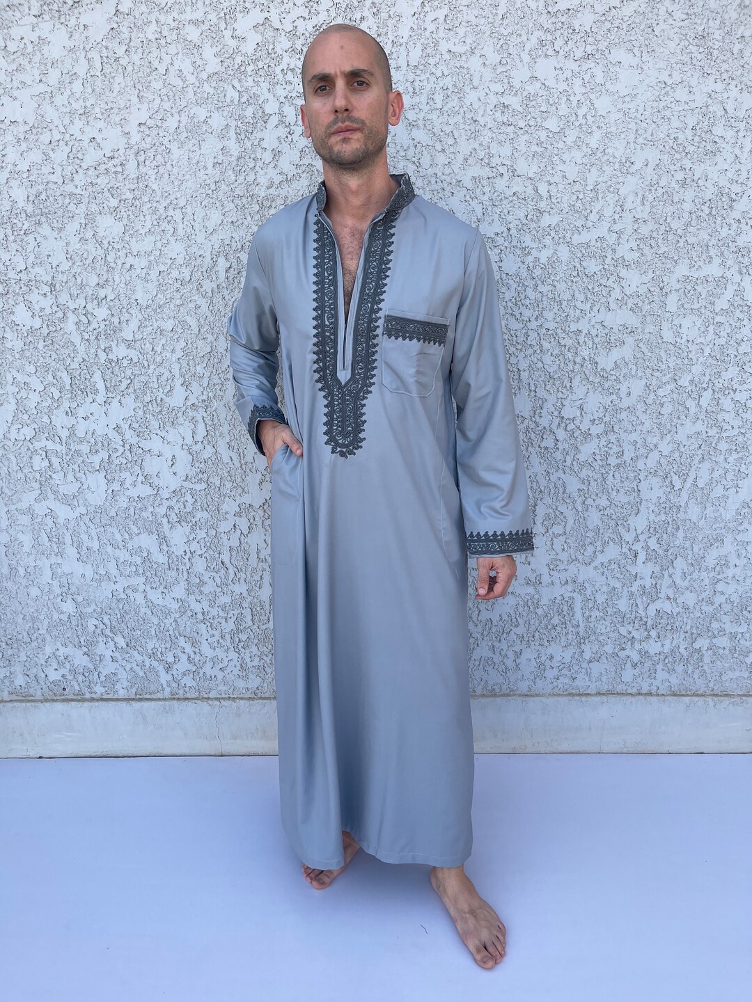 Luxurious Grey Embroidered Mens Kaftan, Cotton Men Caftan, Men's Kaftan ...