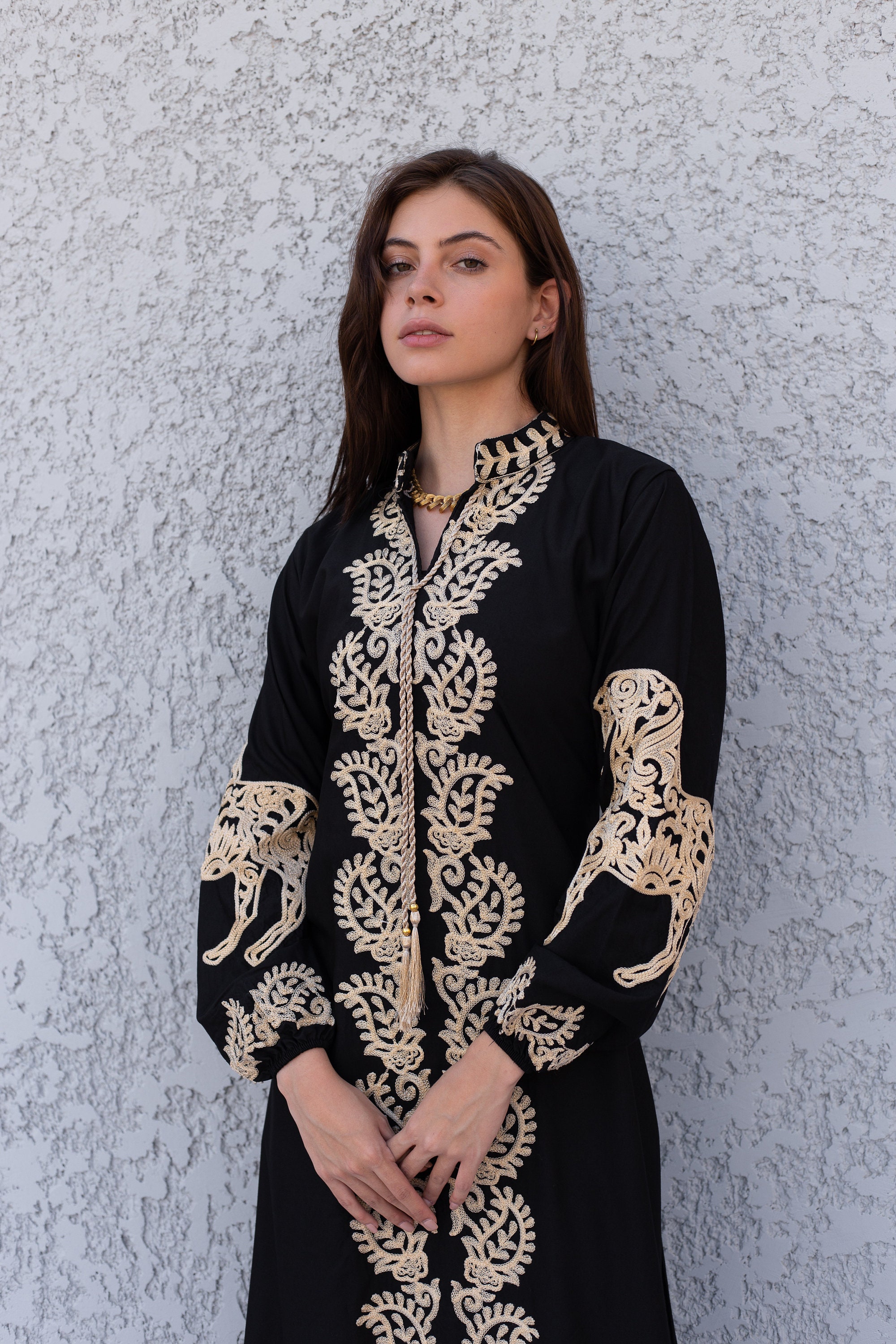 Stunning Black Cotton Caftans for Women, Embroidered Long Sleeve Kaftan ...