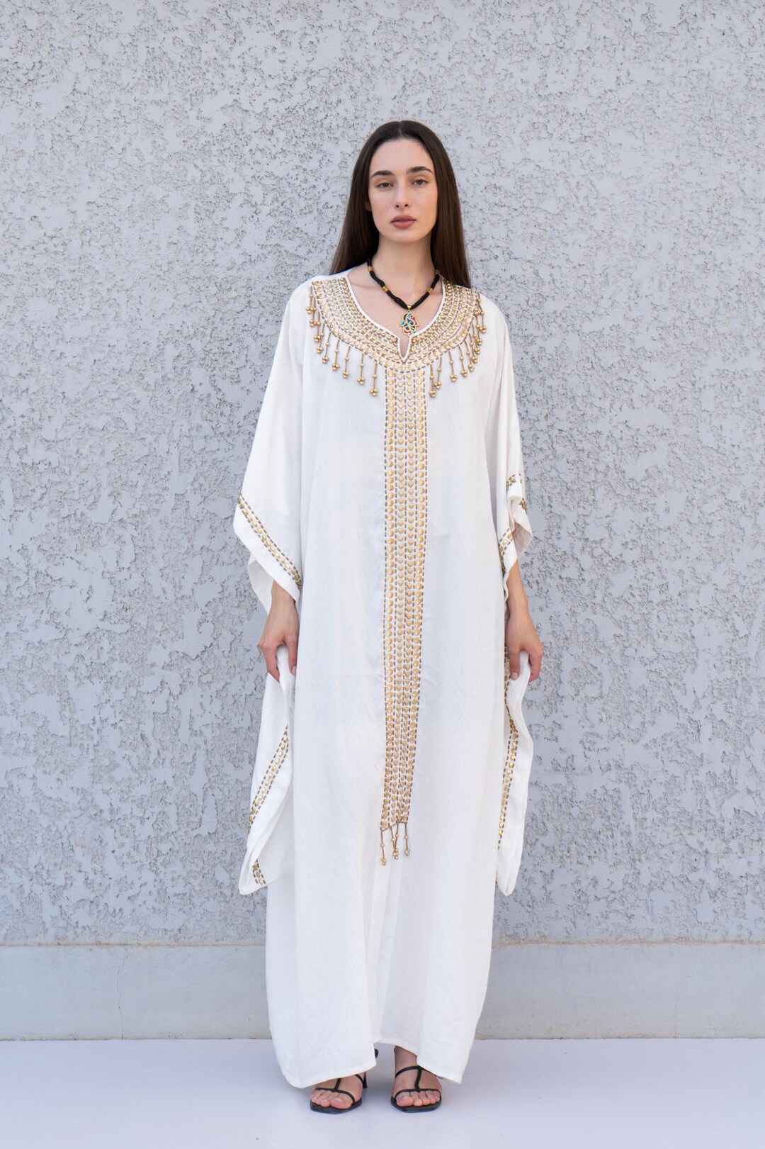 Exotic Egyptian White Cotton Kaftan, One of a Kind Hand Caftan With ...
