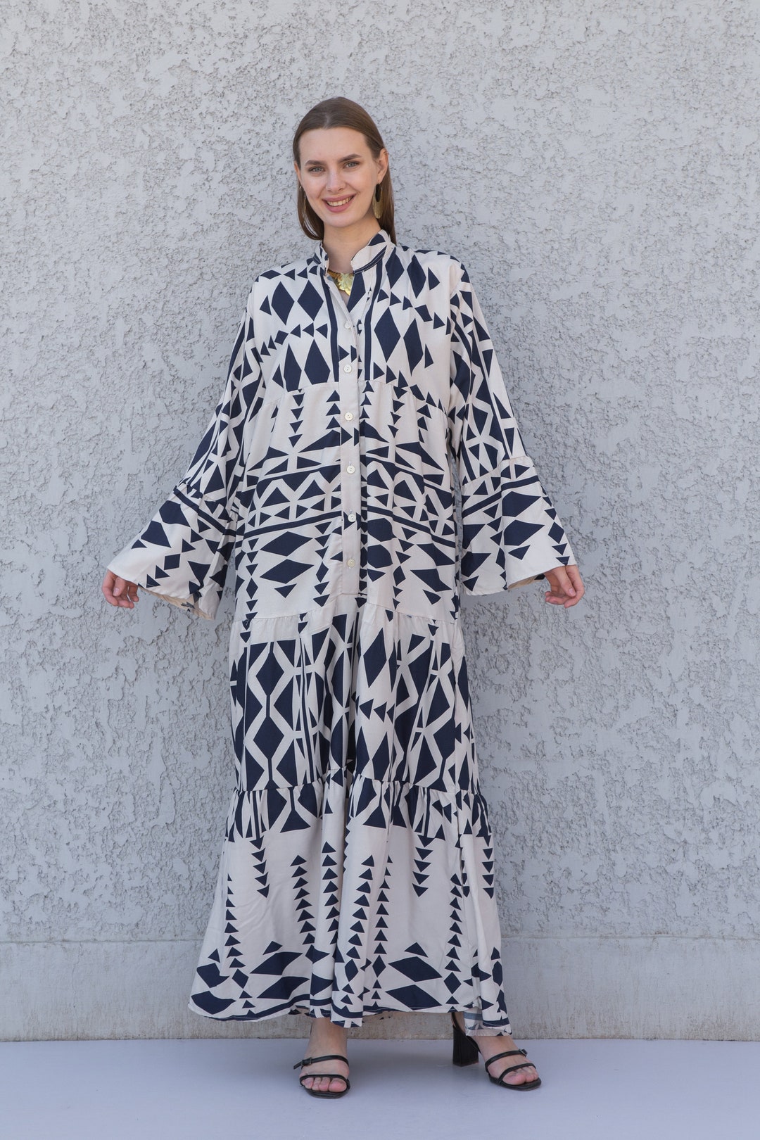 Boho Navy Blue Flared Sleeves Print Summer Kaftan, Caftan, Caftans for ...