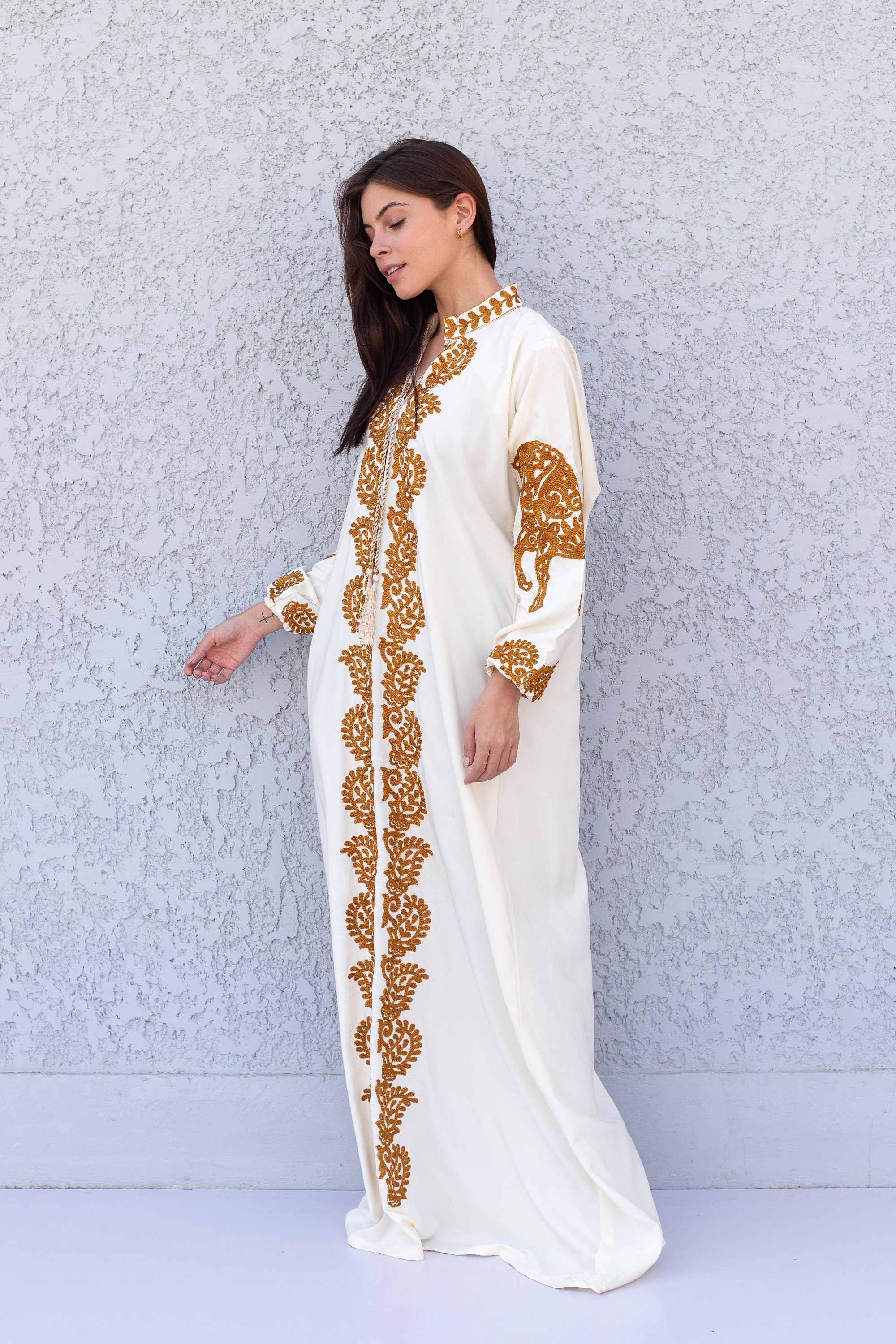 Beautiful White Cotton Caftan for Women, Embroidered Long Sleeve Kaftan ...