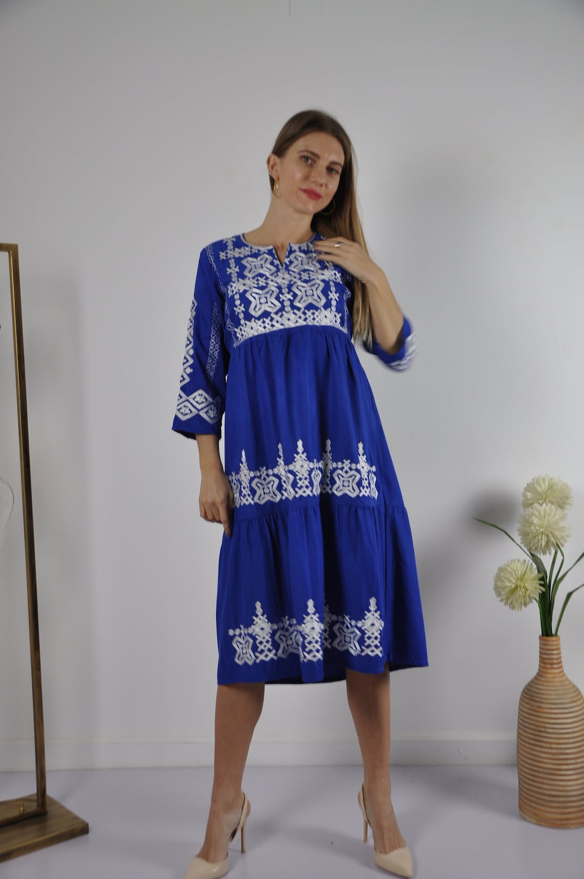 Blue Long Sleeve Embroidered Tunic Dress, Boho Tunic Dress, Summer ...