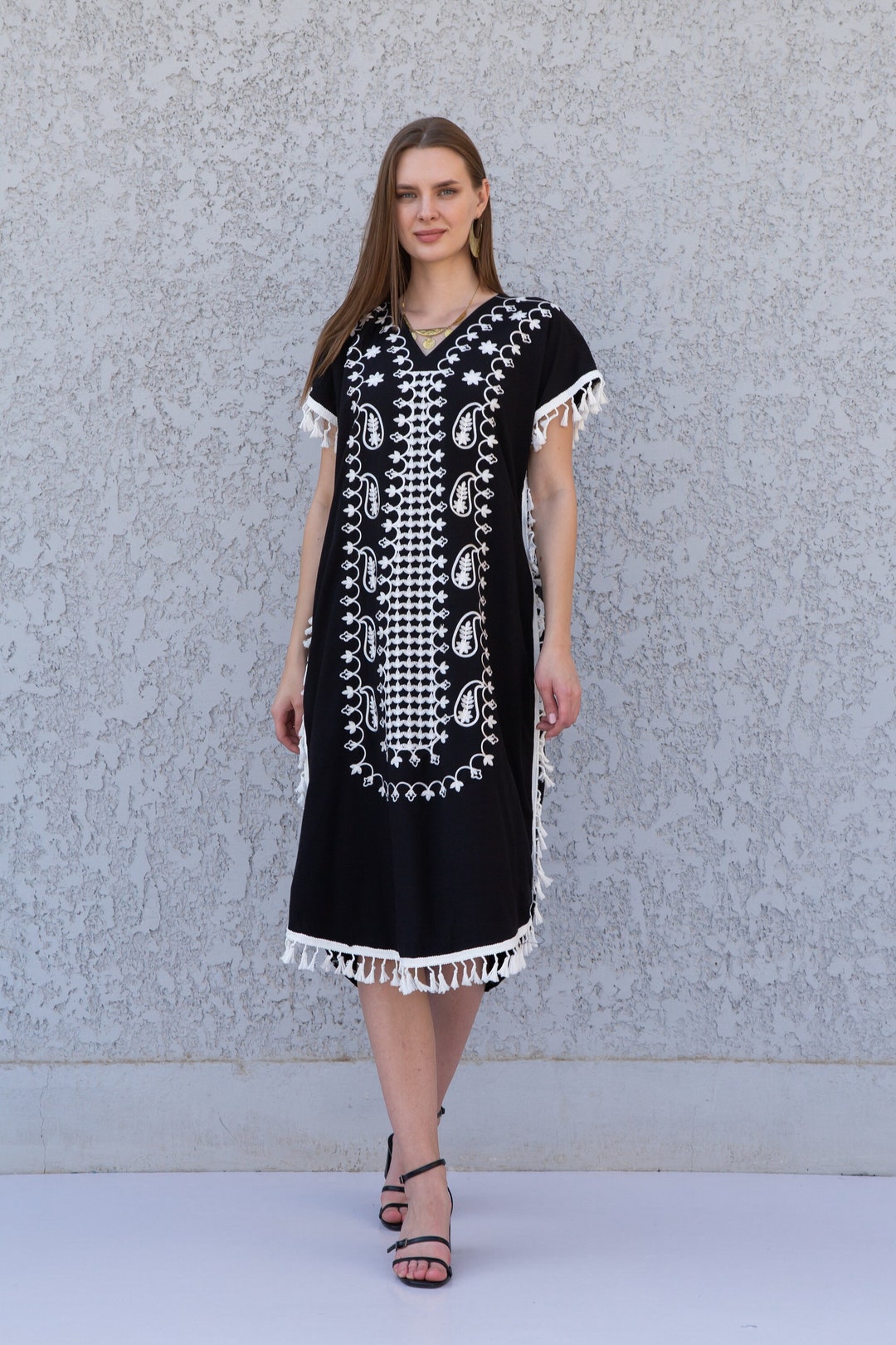 Black Tunic Cotton Kaftan Dress, Bohemian Embroidery Tunic Dress ...
