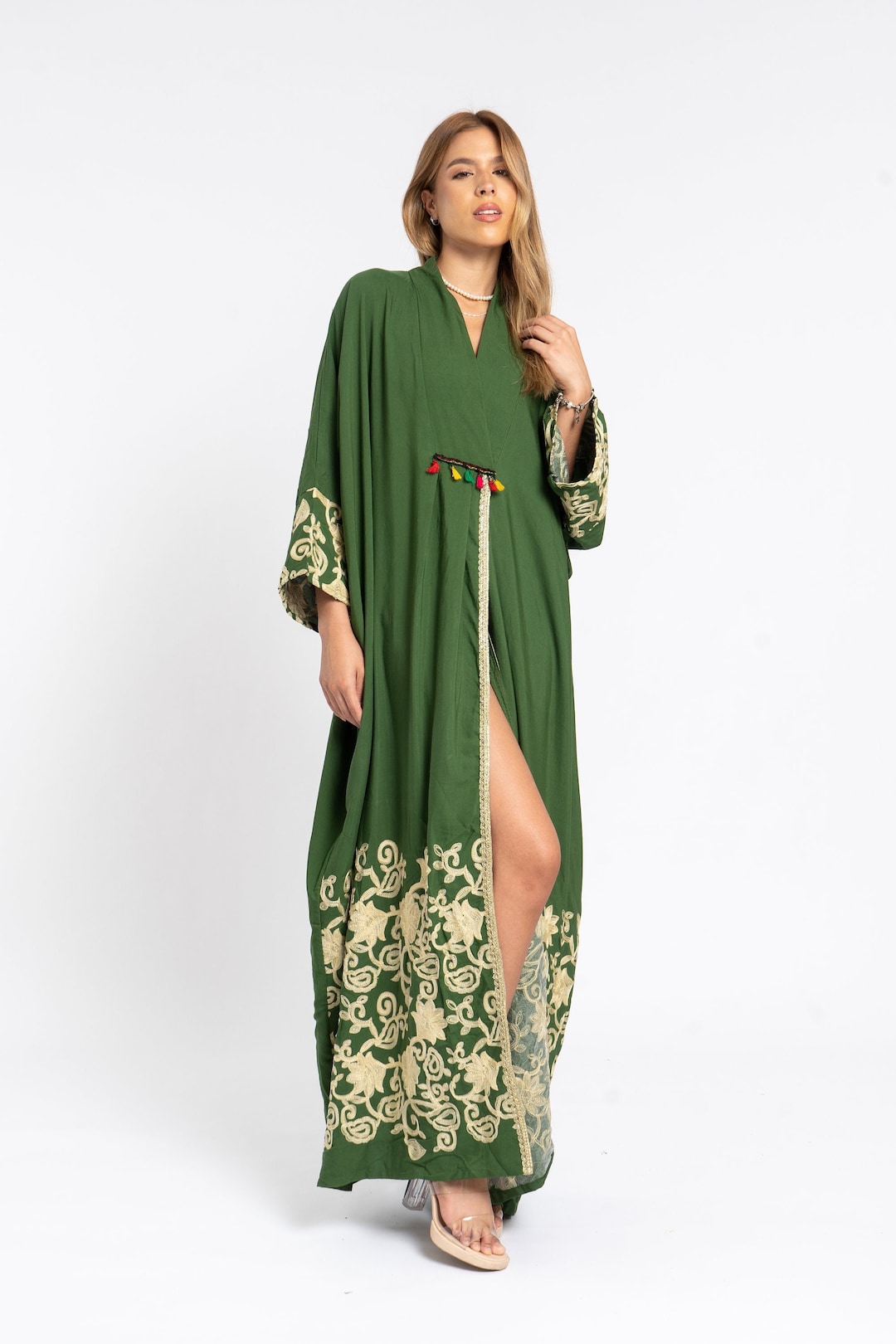 Elegant Open Slit Green Kaftan, Caftans for Women, Cotton Kaftan ...