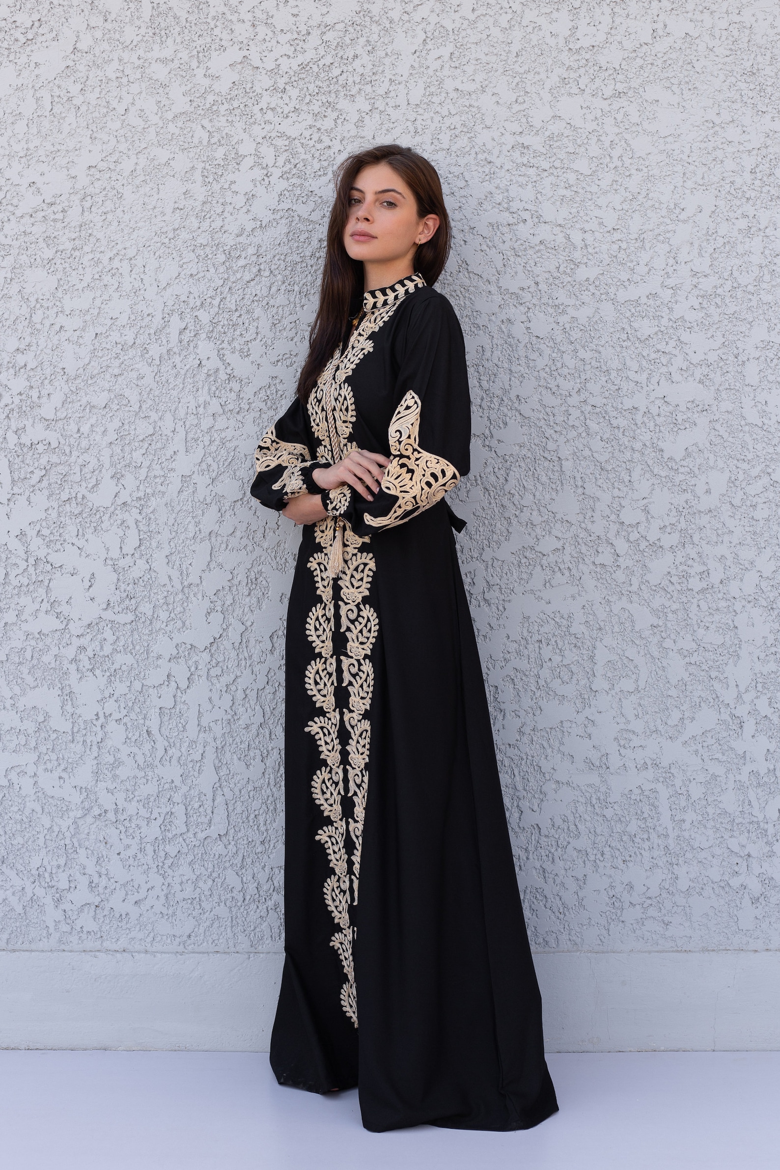 Stunning Black Cotton Caftans for Women, Embroidered Long Sleeve Kaftan ...