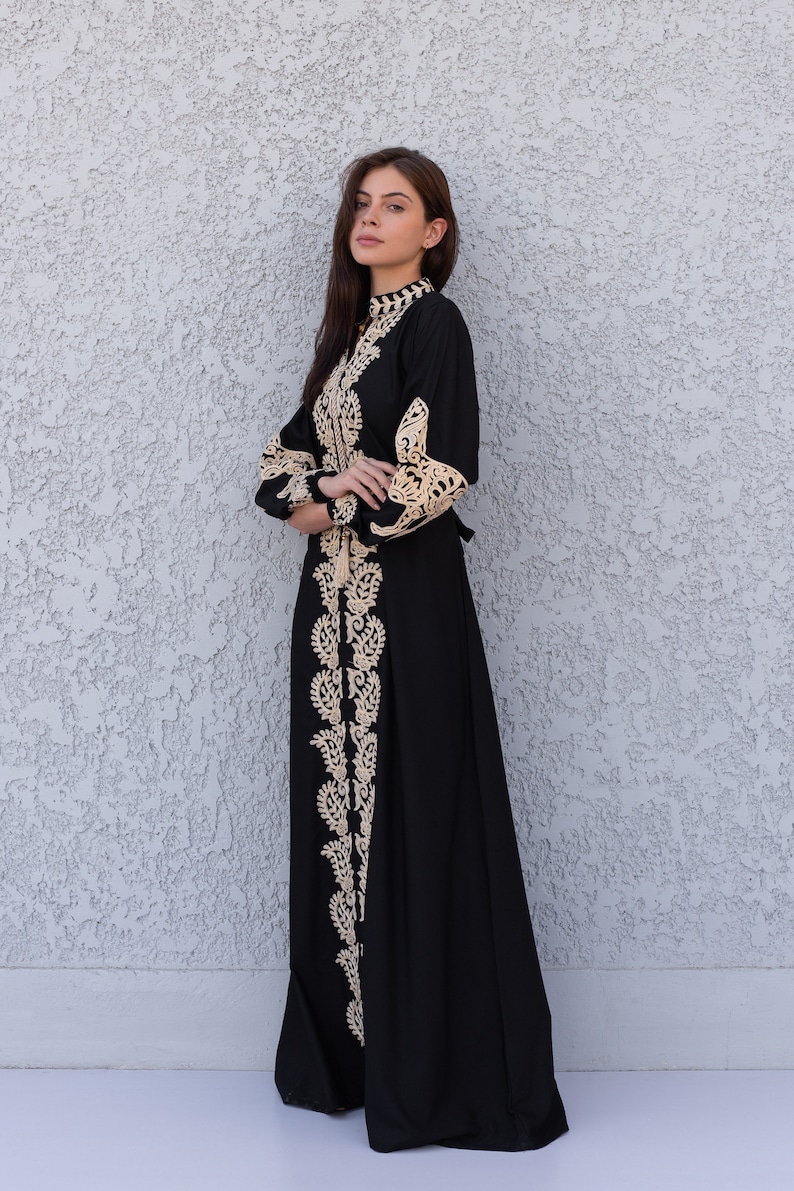 Stunning Black Cotton Caftans for Women, Embroidered Long Sleeve Kaftan ...