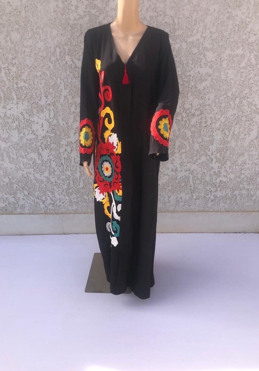 Black Flower Embroidered Caftan With Tassels, Summer Caftan, Caftans ...