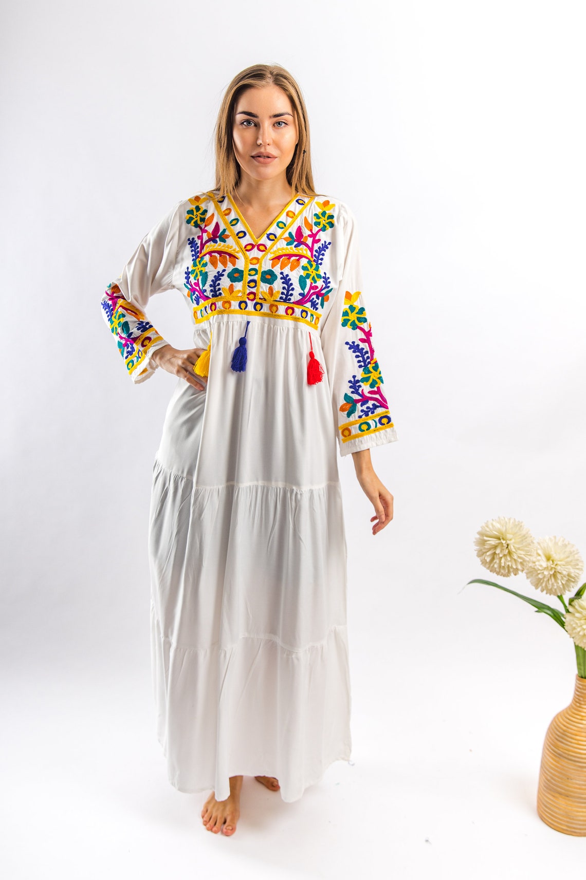 White Bohemian Embroidered Caftan With Tassels Caftans For Etsy