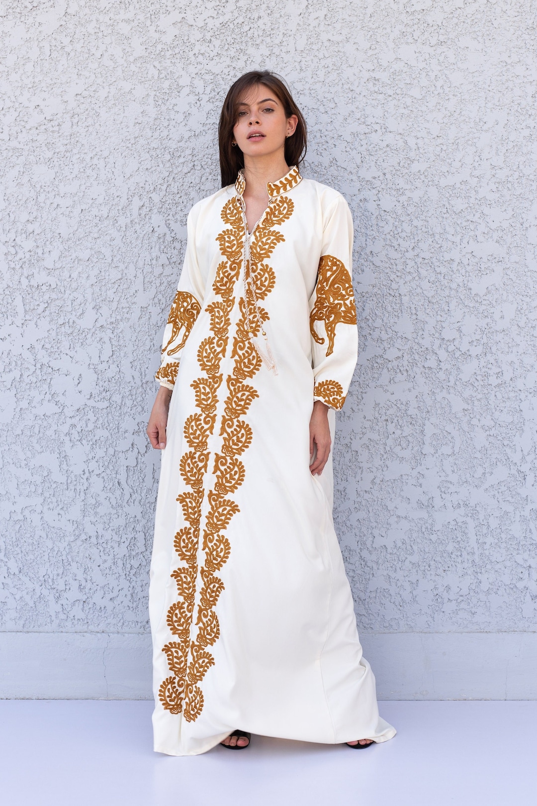 Beautiful White Cotton Caftan for Women, Embroidered Long Sleeve Kaftan ...