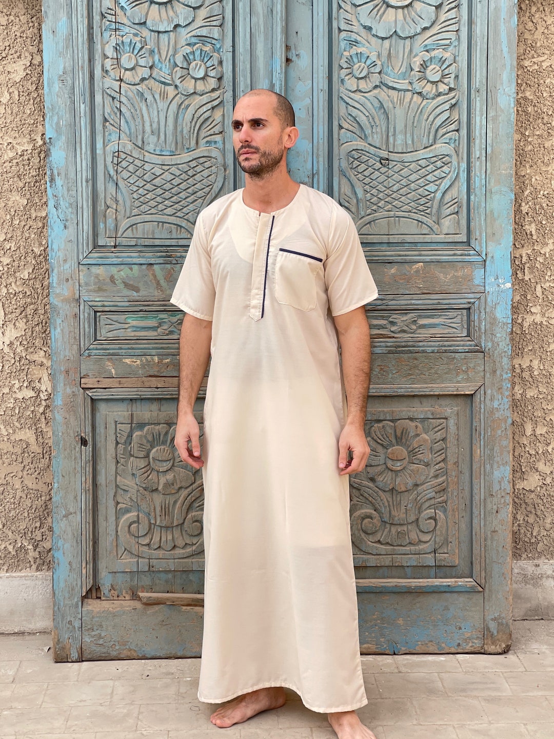 Beige Men's Kaftan, Short Sleeve Men's Kaftan, Cotton Men Caftan ...