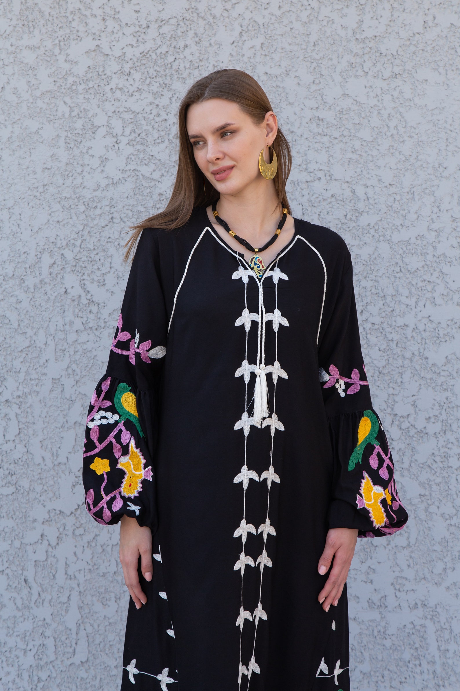Black Colorful Egyptian Cotton Caftan, Caftan Kaftan Maxi Dress ...