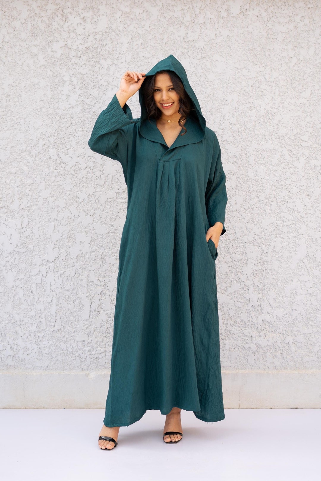 Green Linen Hooded Caftan Maxi Dress With Pockets, Chic Linen Caftans ...