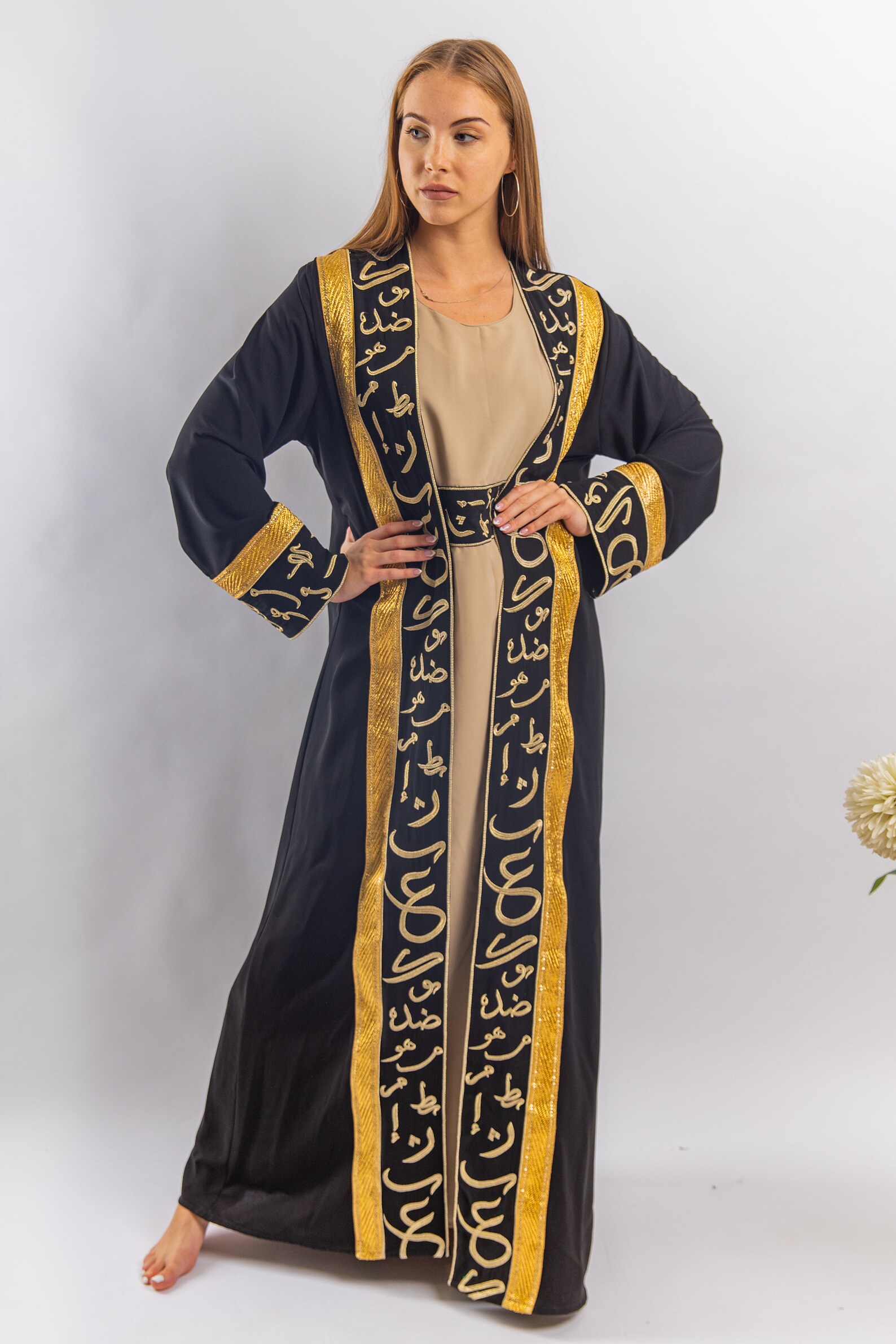 Arabic Letters Embroidered Abaya Set Luxurious Abaya Cotton | Etsy