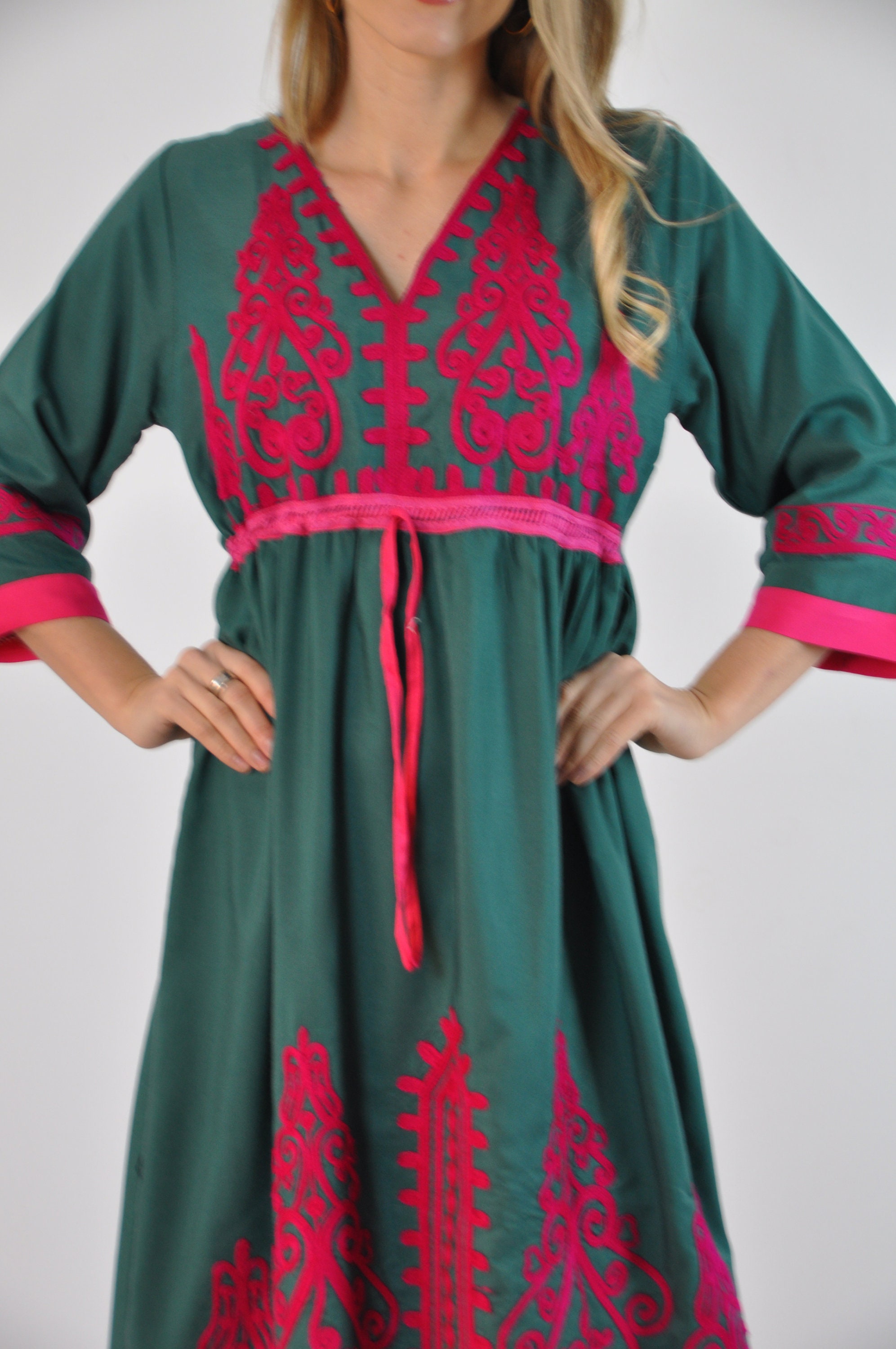 Green Long Sleeve Embroidered Tunic Dress, Boho Tunic Dress, Summer ...