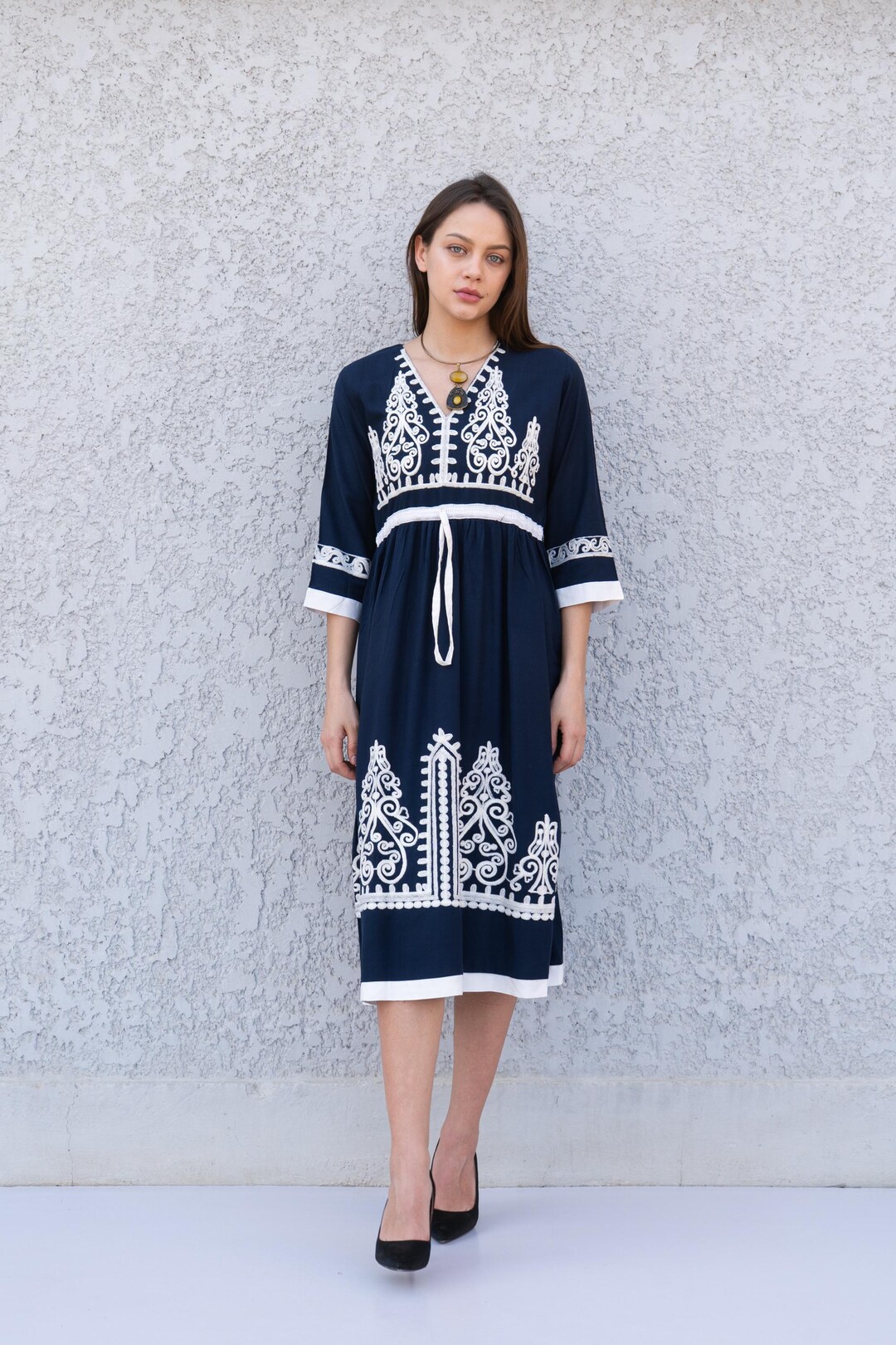 Navy Blue Tunic Embroidered Kaftan, Bohemian Embroidery Tunic Dress ...