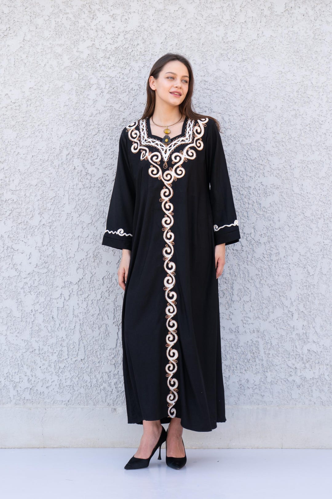 Black Embroidered Caftan Dress, Front and Back Embroidered Cotton ...