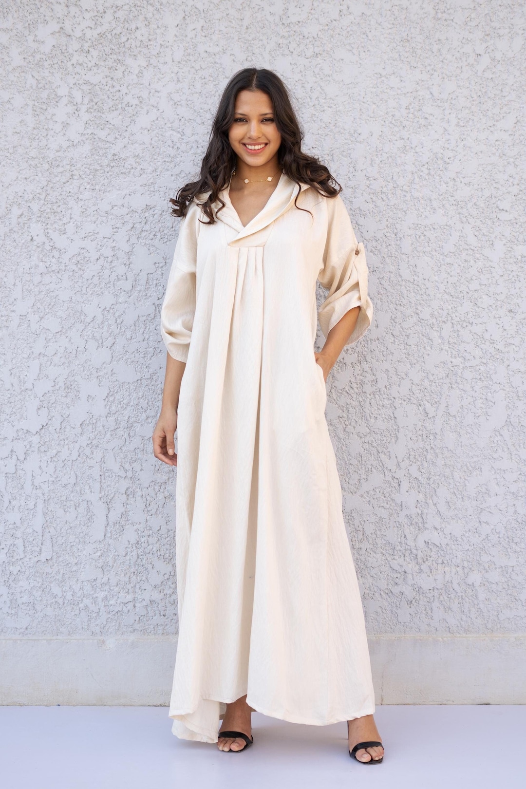Classy off White Linen Summer Caftan Maxi Dress With Pockets, Chic ...