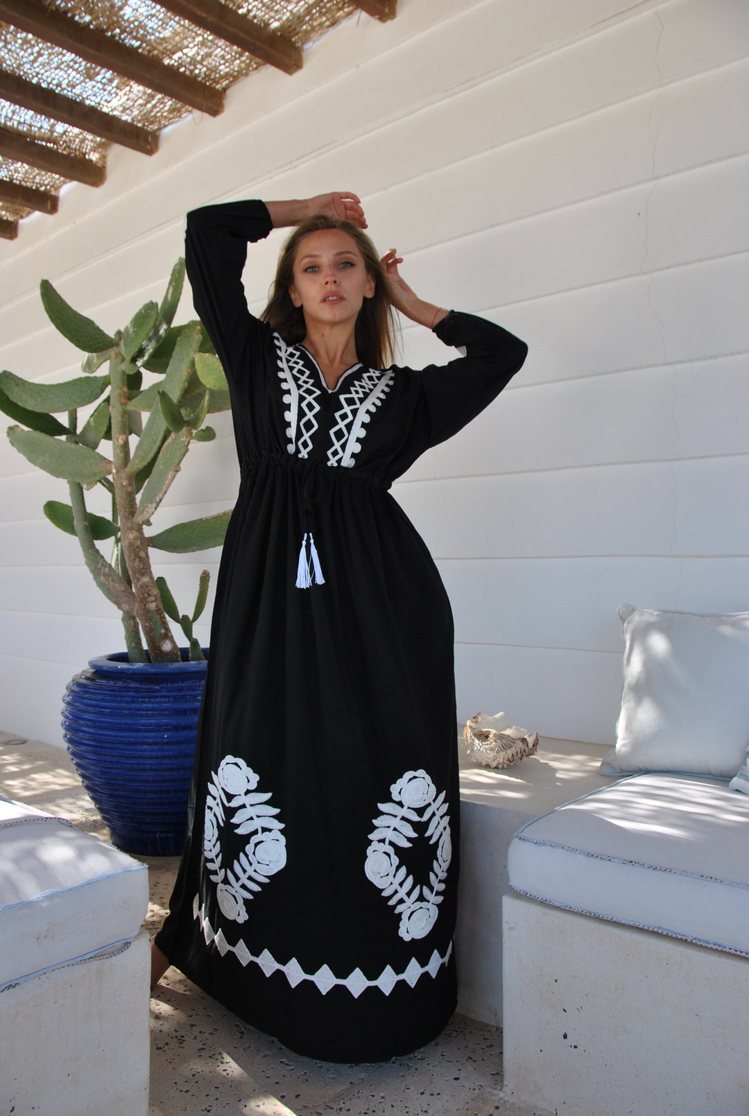 Chic Black Caftan, Cotton Caftan, Caftans for Women, Embroidery ...