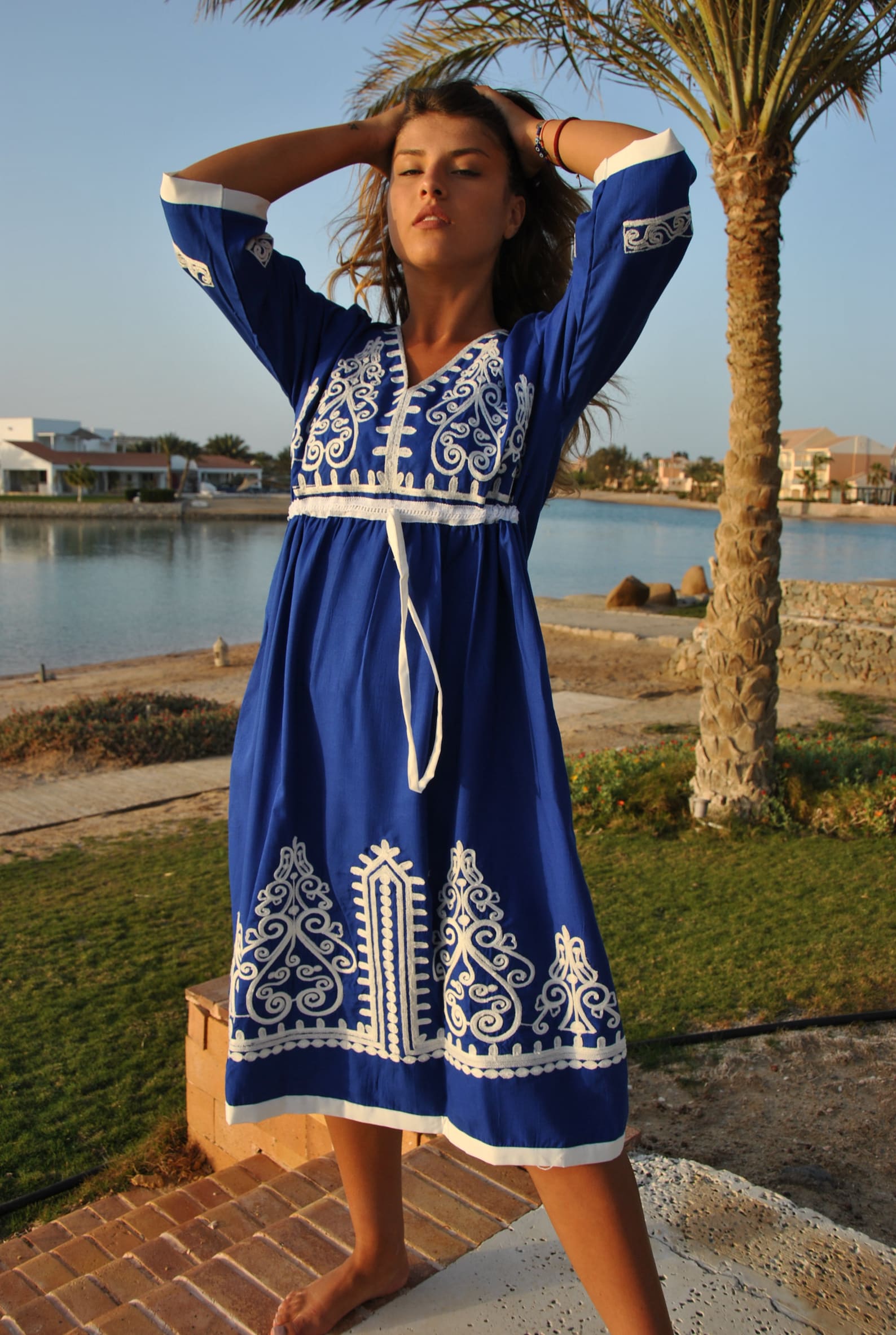 Blue Tunic Embroidered Kaftan, Bohemian Embroidery Tunic Dress ...