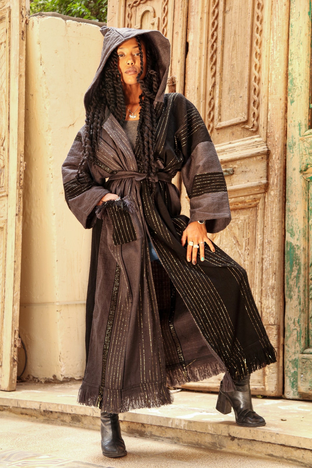 Half Black Half Grey Hand Loomed Coat With Silver Threads, Long Winter ...