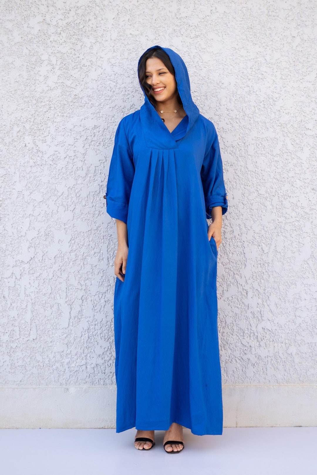 Linen Elegant Royal Blue Summer Kaftan Maxi Dress With Pockets, Chic ...