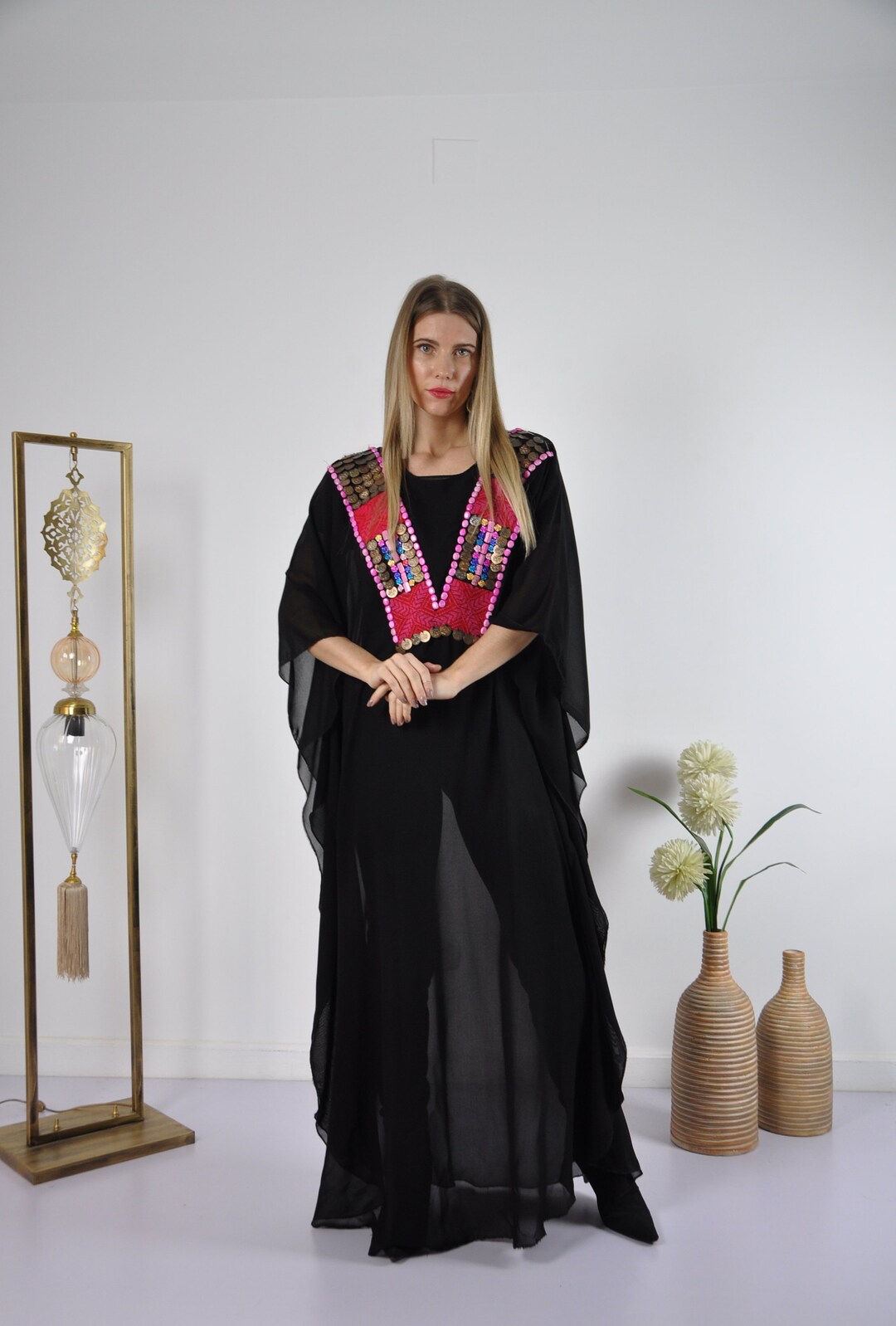 Embroidered Chiffon Caftan, Vintage Black Boho Summer Dress - Etsy