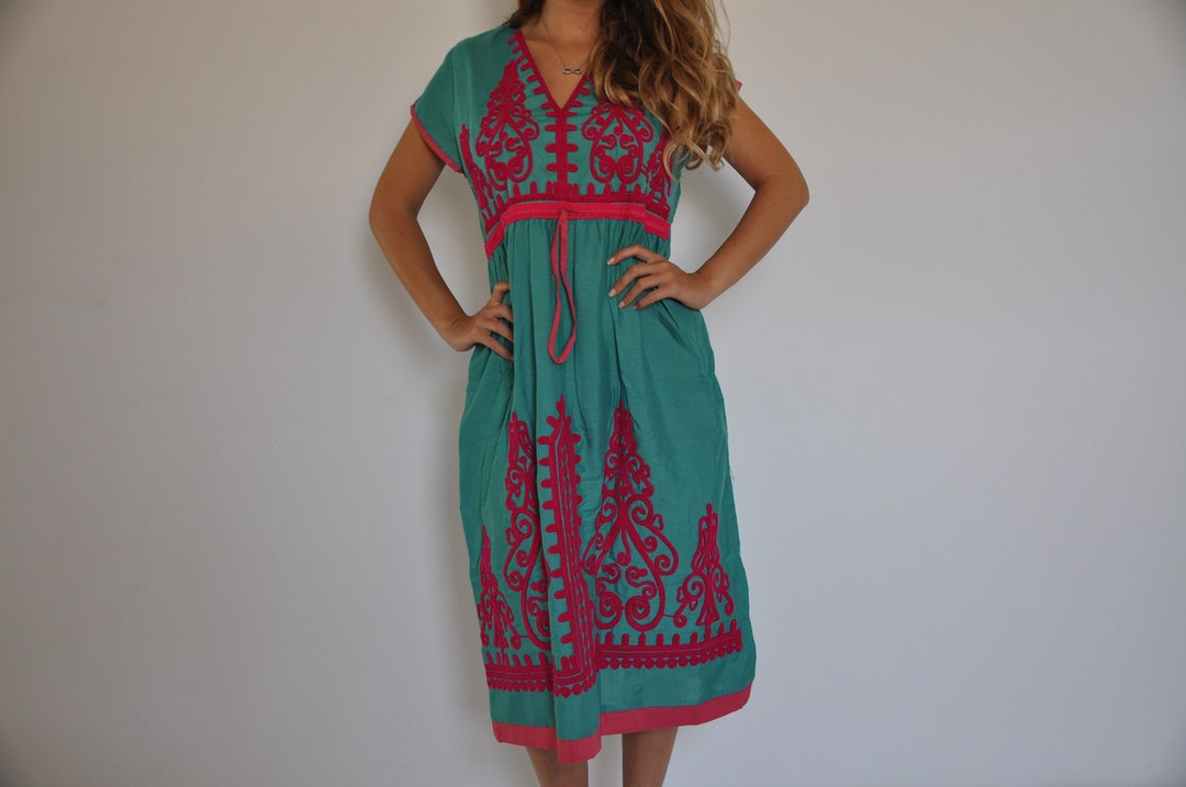 Turquoise Tunic Embroidered Kaftan Dress, Boho Embroidery Tunic Dress ...