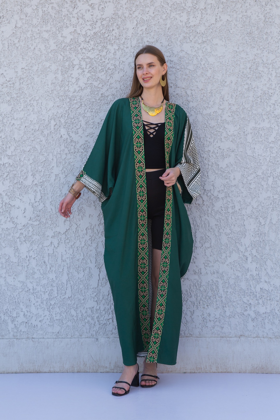 Green Elegant Egyptian Cotton Abaya, Summer Abaya, Cardigans, Boho ...