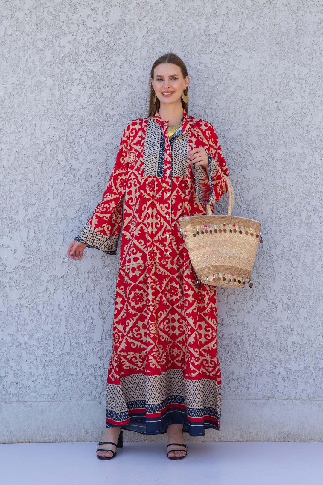 Boho Red Flared Sleeves Print Summer Kaftan, Caftan, Caftans for Women ...