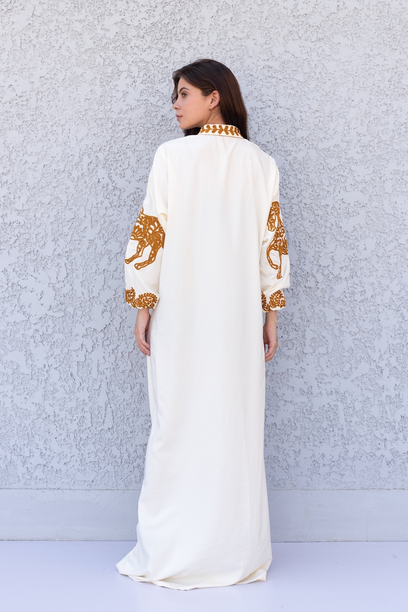 Beautiful White Cotton Caftan for Women, Embroidered Long Sleeve Kaftan ...