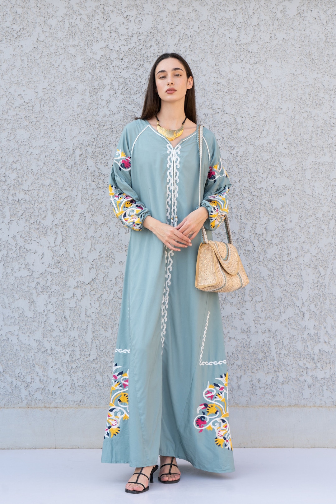 Boho Mint Kaftan Maxi Dress, Long Sleeve Cotton Kaftan Dress, Colorful ...
