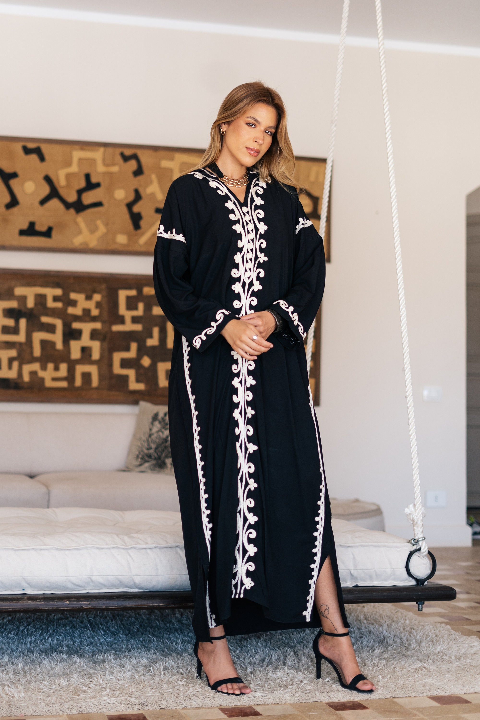 Luxurious Hooded Black Embroidered Caftan, Cotton Summer Caftan, Chic ...