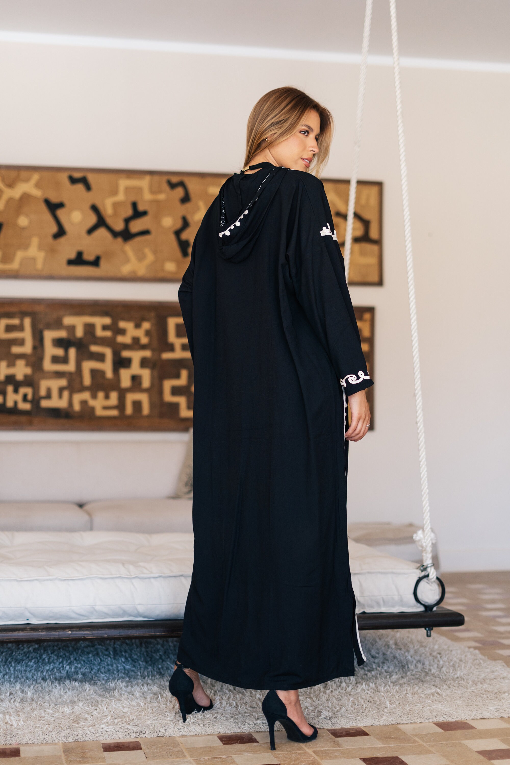 Luxurious Hooded Black Embroidered Caftan, Cotton Summer Caftan, Chic ...
