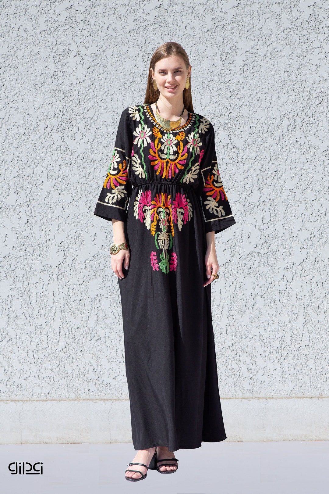 Black Colorful Embroidered Cotton Caftan, Caftan Kaftan Maxi Dress ...