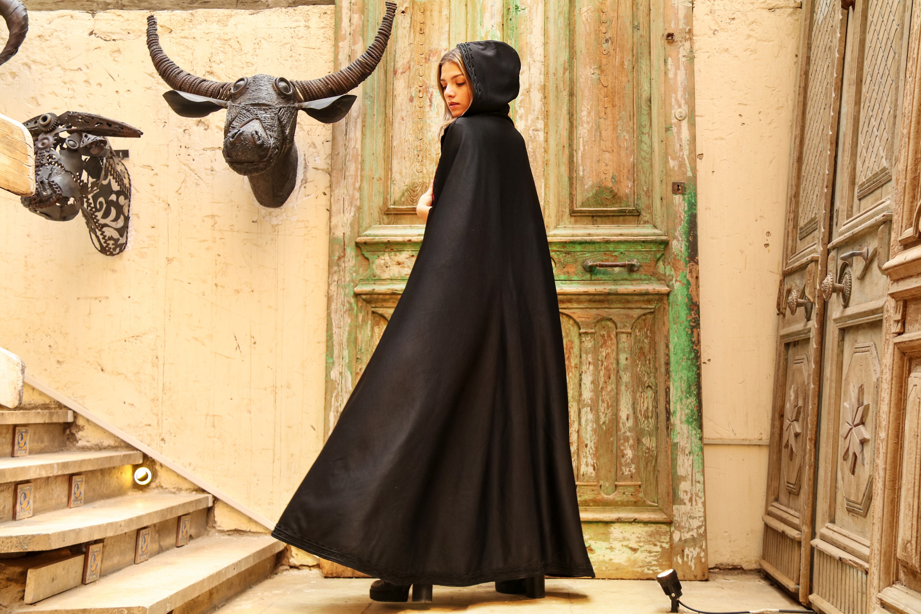 Black Moroccan Hand Embroidered Hooded Wool Cape, Bohemian Hooded Cloak ...