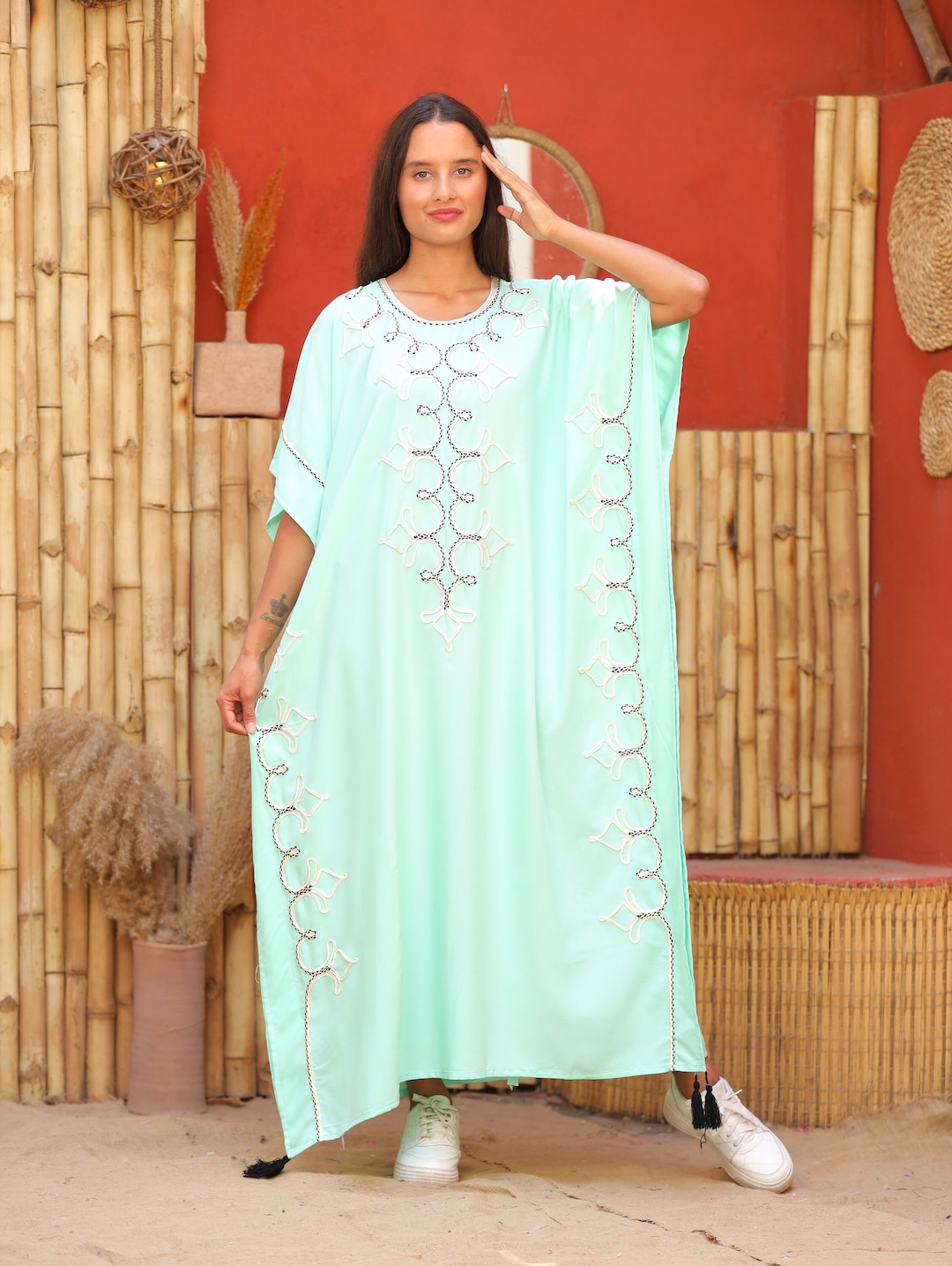 Light Turquoise Hand Embroidered Cotton Caftans for Women, Women's ...