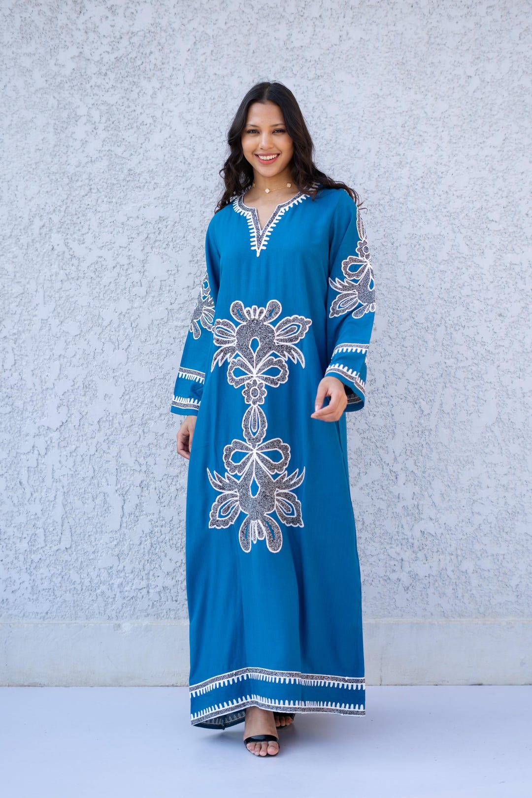 Linen Jeans Blue Embroidered Caftan, Linen Summer Caftan, Chic Caftan ...