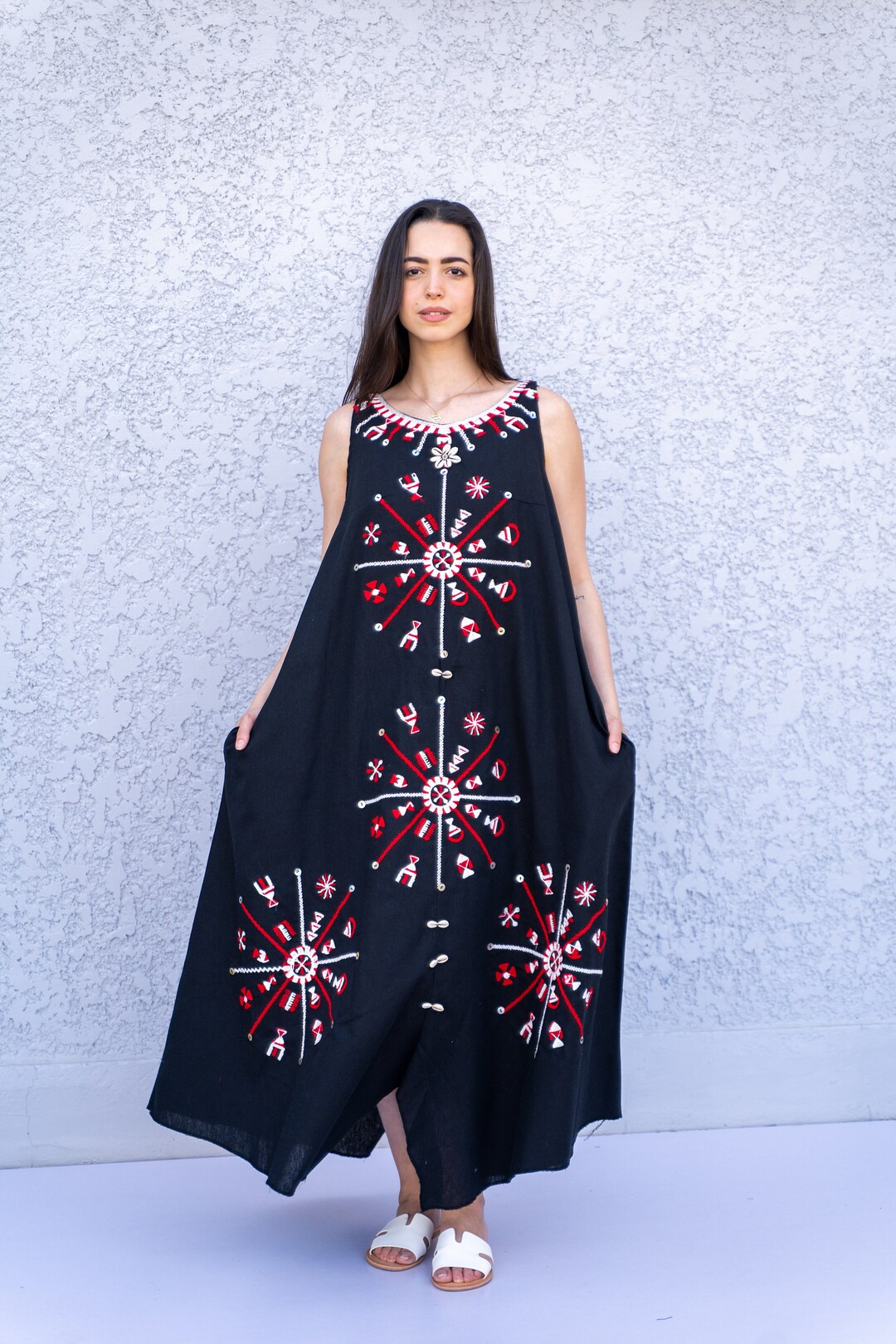 Bohemian Black Linen Caftan Dress, Siwa Embroidered Kaftan Dress, Boho ...