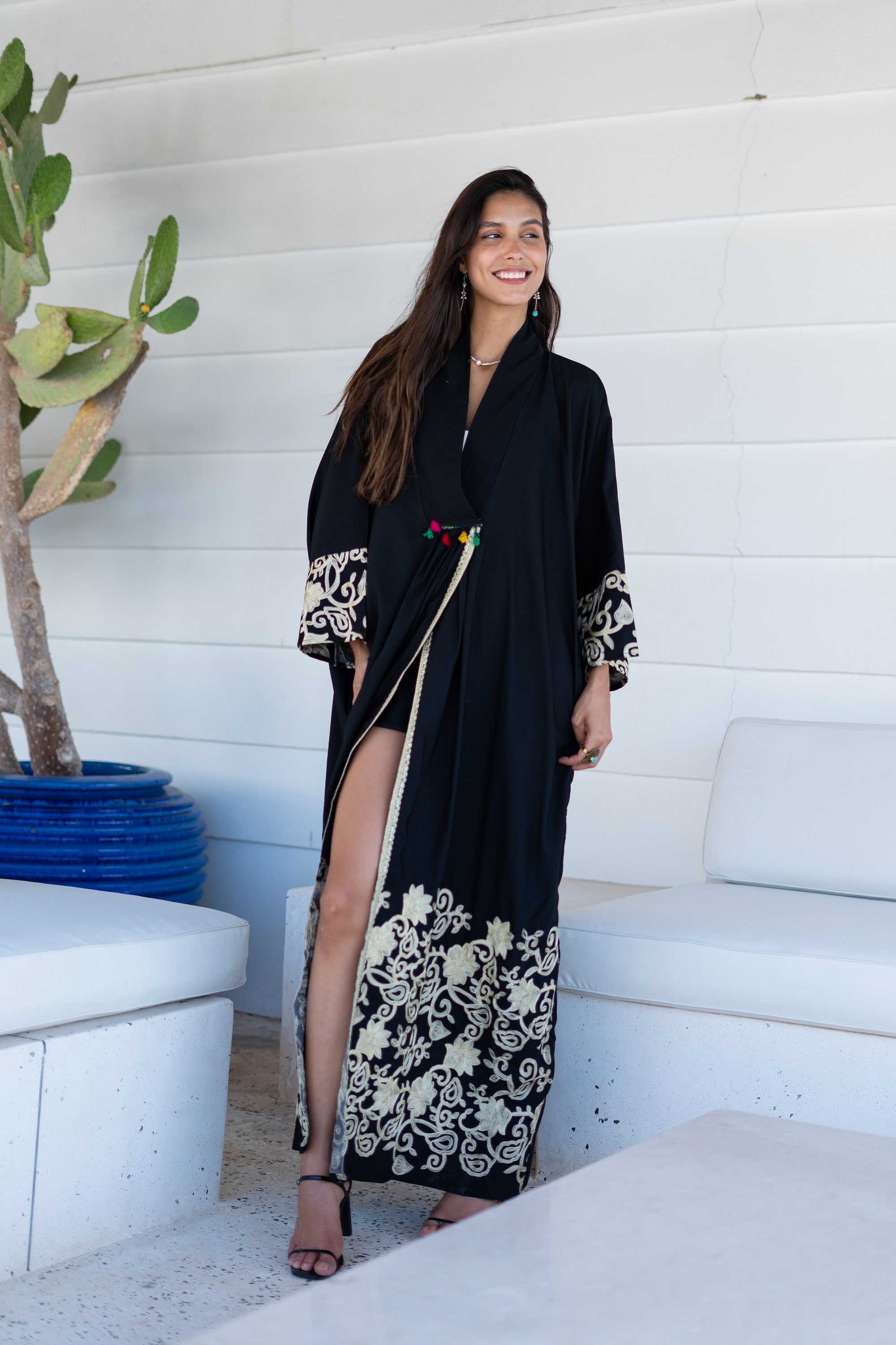 Elegant Open Slit Black Kaftan, Caftans for Women, Cotton Kaftan ...
