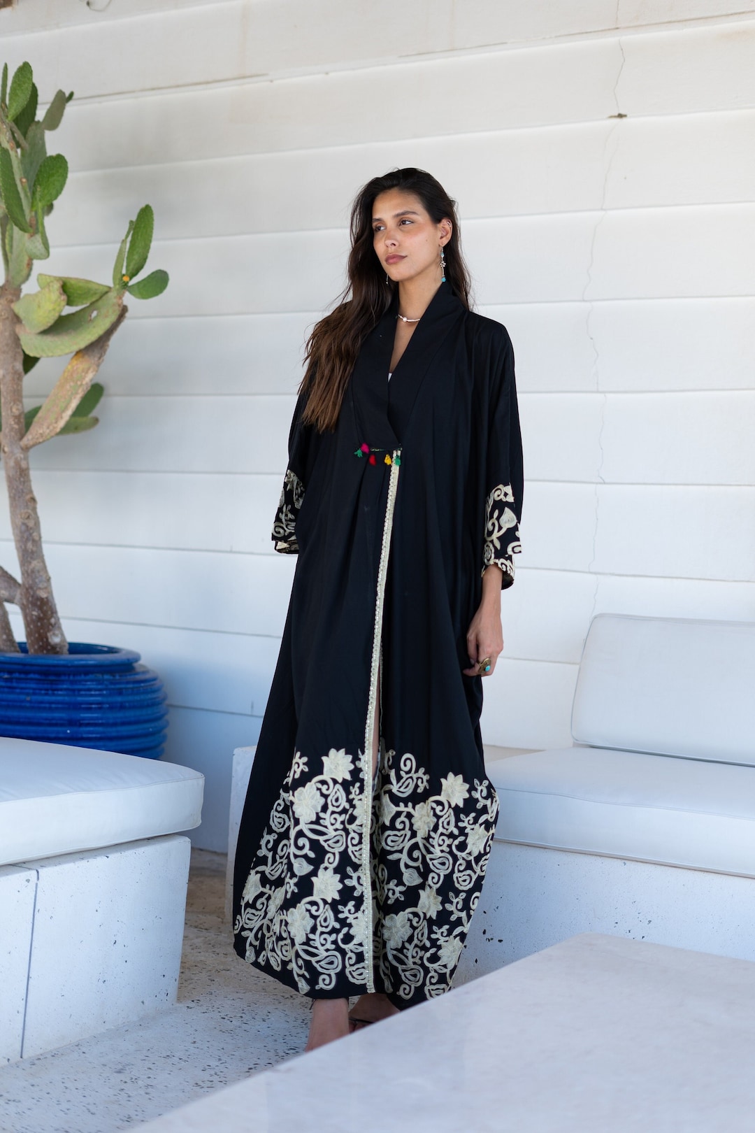 Elegant Open Slit Black Kaftan, Caftans for Women, Cotton Kaftan ...