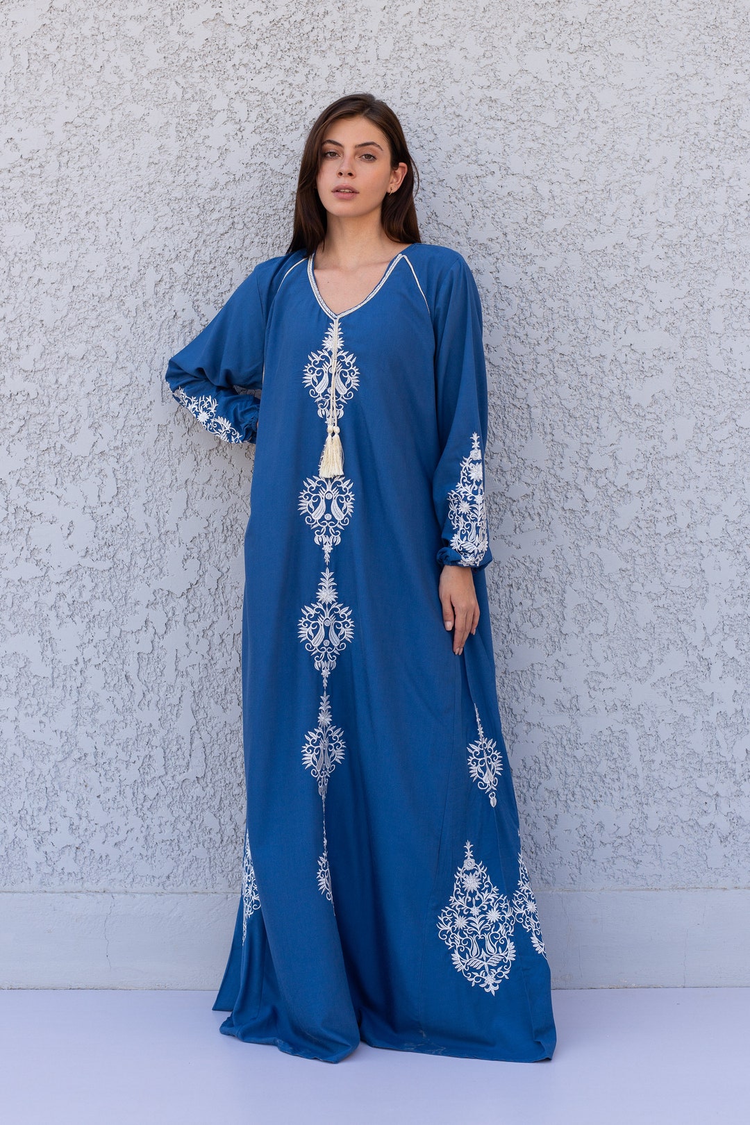 Blue Embroidered Women Caftan, Cotton Embroidered Woman Kaftan, Caftan ...