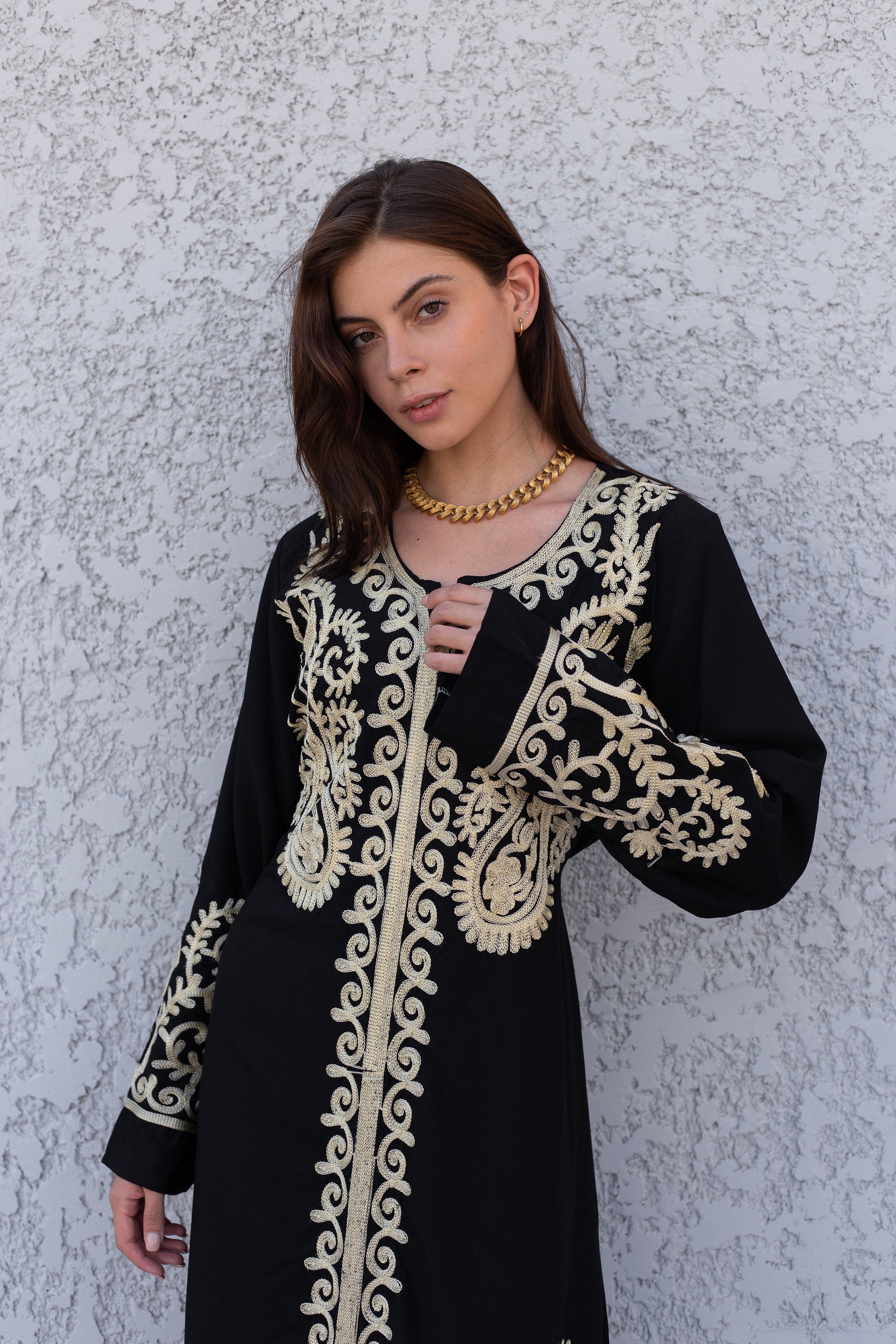 Royal Black Embroidered Cotton Caftan for Women, Embroidered Women ...