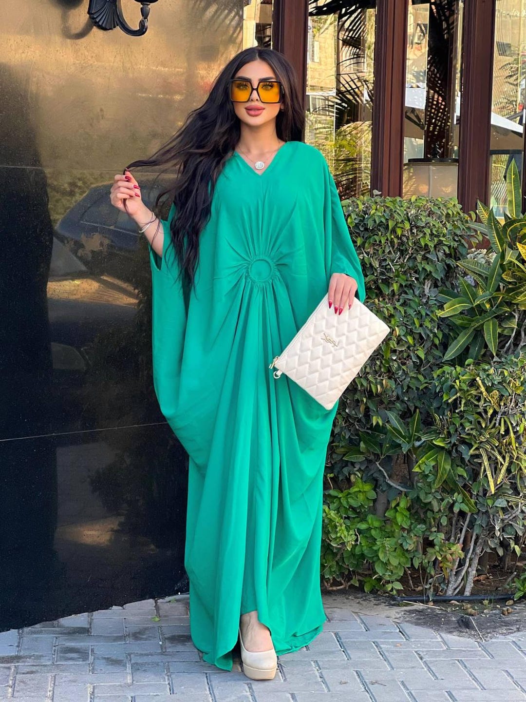 Chic Green Caftan for Women, Loose Fit Classy Crepe Caftan, Dressy ...