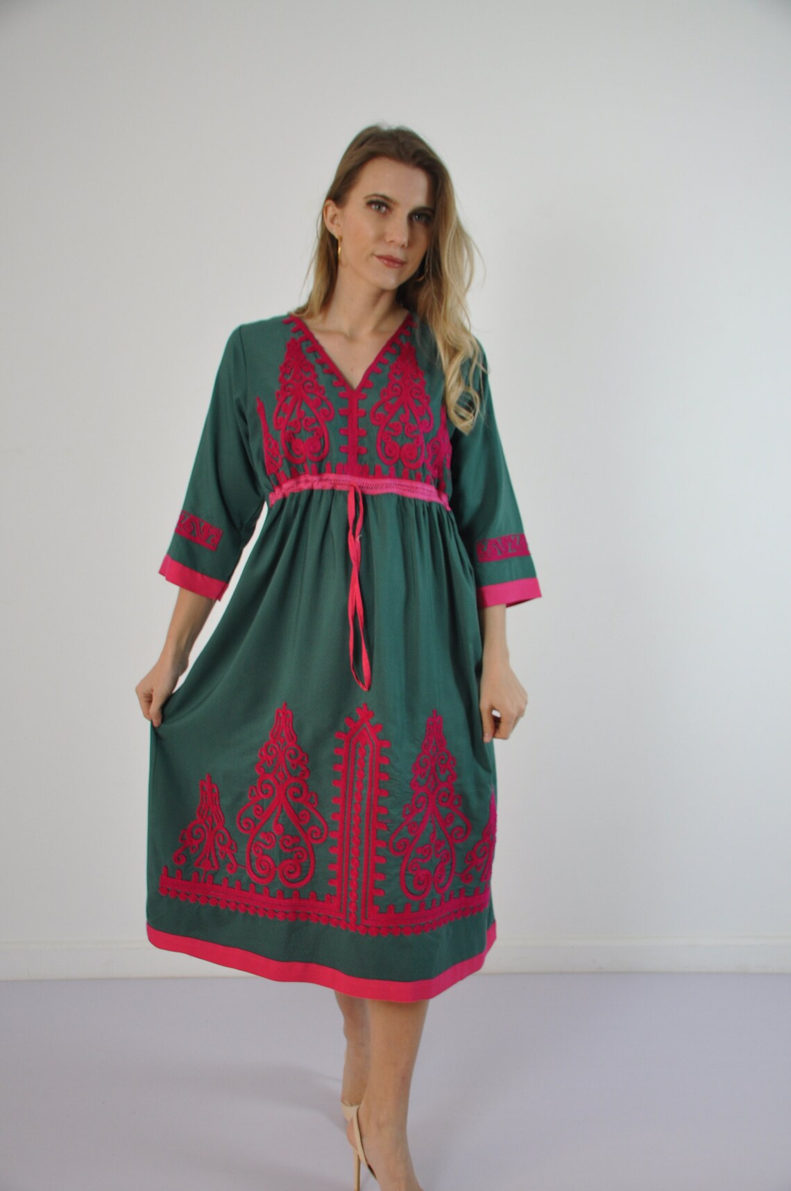 Green Long Sleeve Embroidered Tunic Dress, Boho Tunic Dress, Summer ...