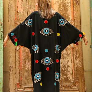 Evil Eye Embroidered Cardigan With Tassels, Boho Black Kimono Cardigan ...
