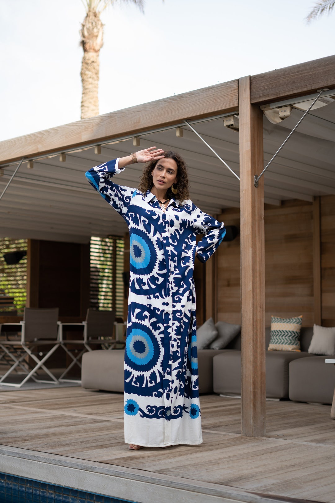 Beautiful Blue Print Kaftan Dress, Caftans for Women, Boho Kaftan Dress ...