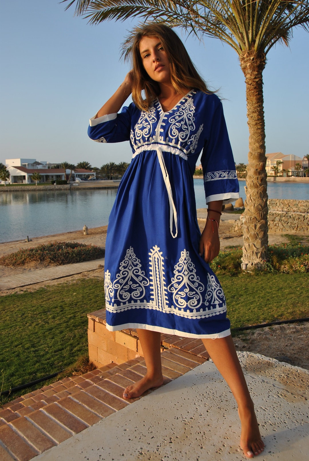 Blue Tunic Embroidered Kaftan, Bohemian Embroidery Tunic Dress ...