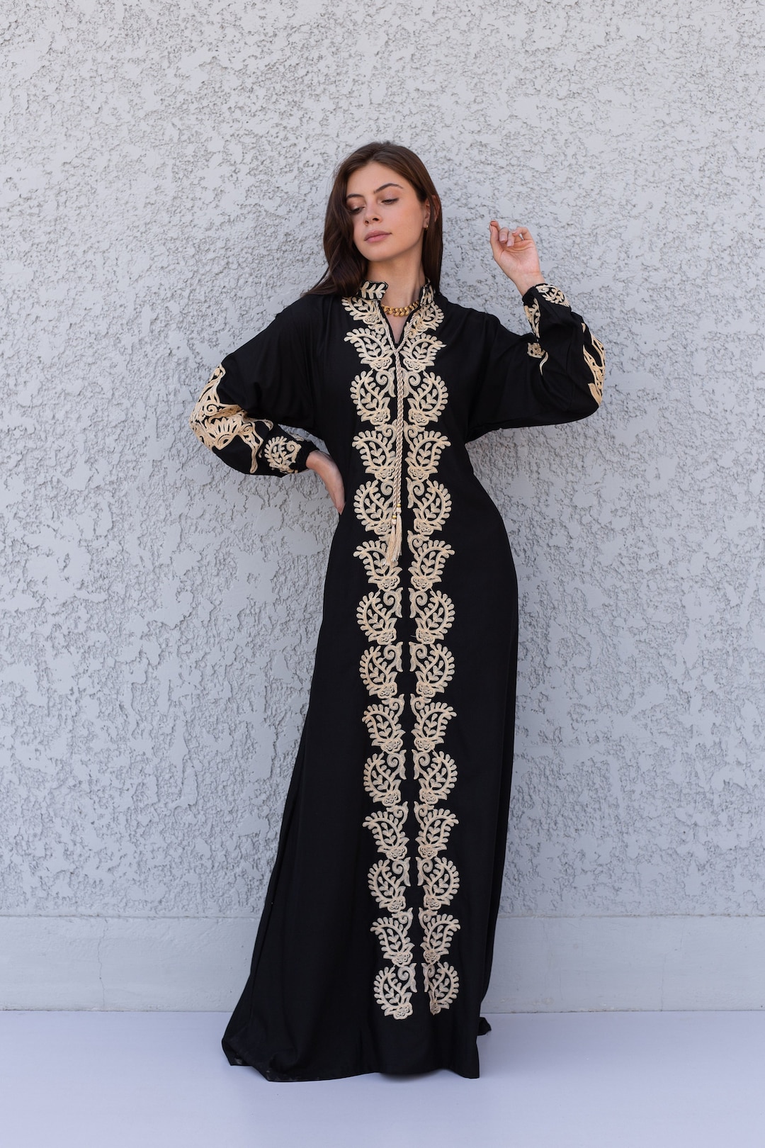 Stunning Black Cotton Caftans for Women, Embroidered Long Sleeve Kaftan ...